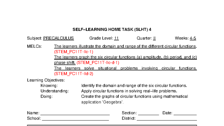 Precalculus 11 Q2 SLHT 4: Graphing Circular Functions - Studocu