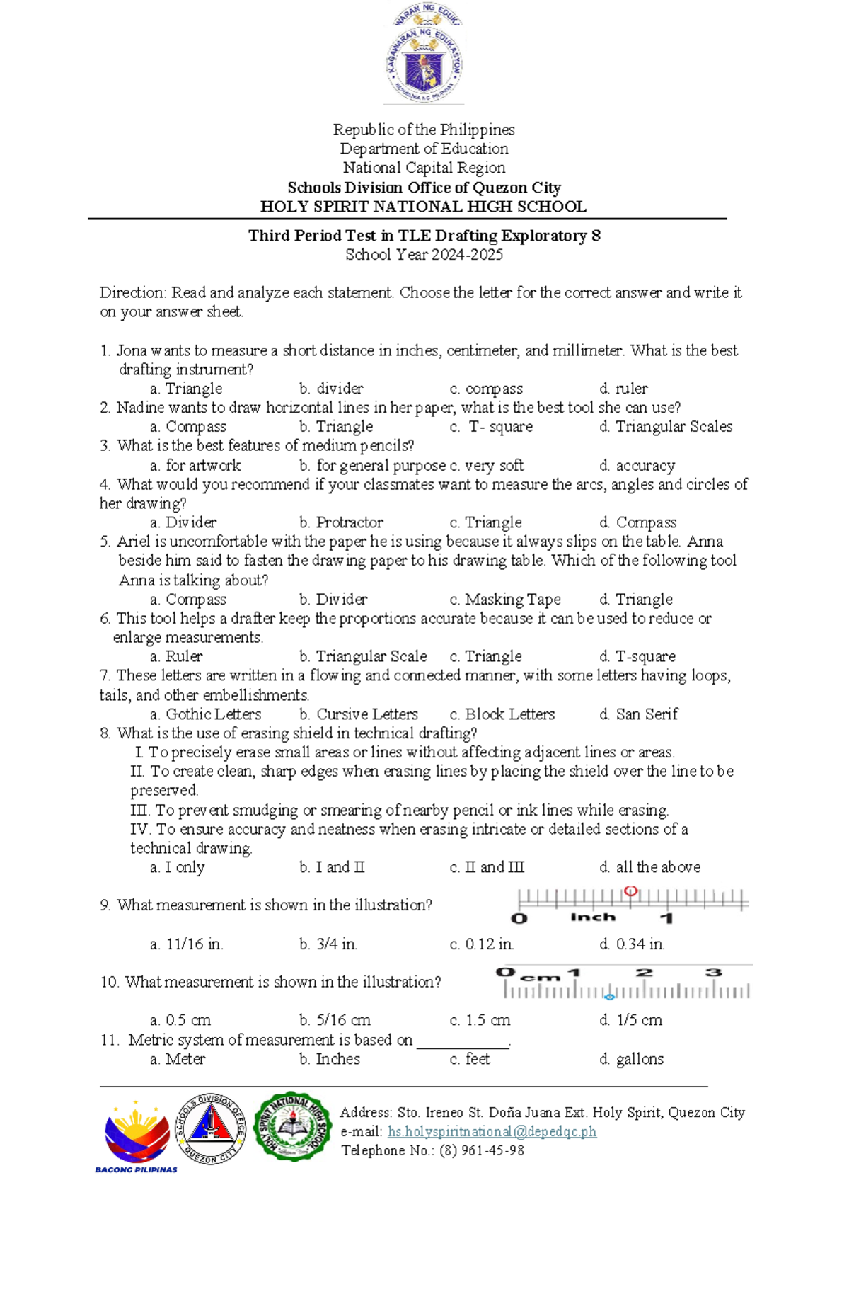 TLE Drafting 8: 3rd Periodical Test for School Year 2024 - Studocu