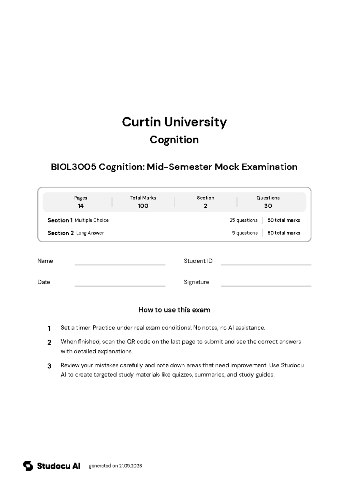BIOL3005 Cognition Mid-Semester Mock Exam: Practice Questions & Answers ...