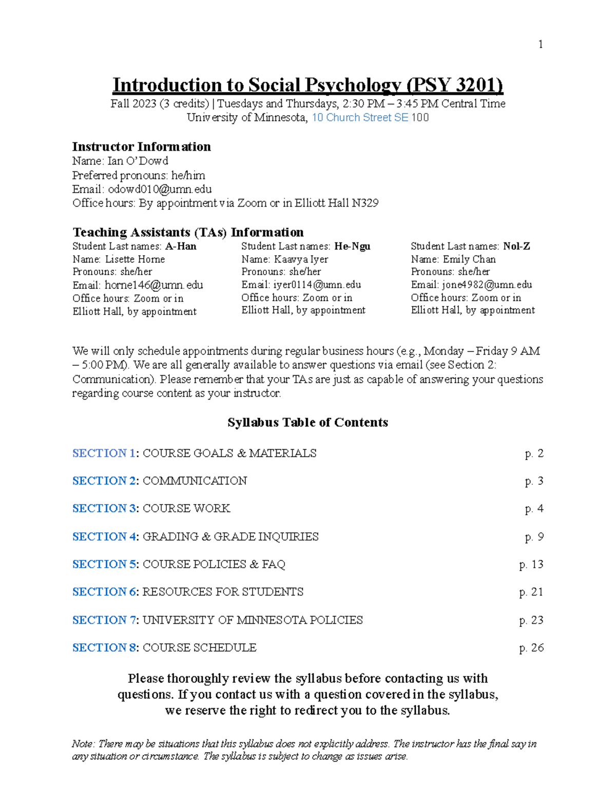 PSY 3201 - Syllabus F'23 - Introduction to Social Psychology (PSY 3201 ...
