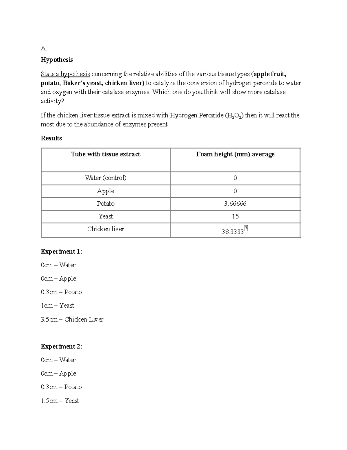 Enzymes Lab Report: Catalase Activity in Various Tissues (BIO 101 ...