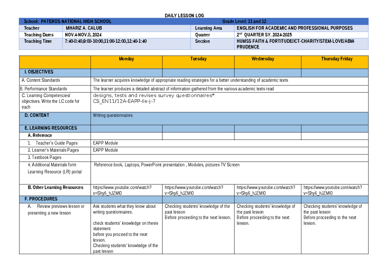 Q2 EAPP Lesson Log by M. Calub - Week 6 Activities and Insights - Studocu