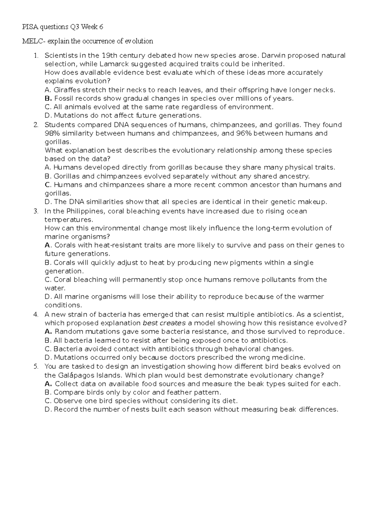 NEW PISA Questions Q3 Week 6: Understanding Evolutionary Concepts - Studocu