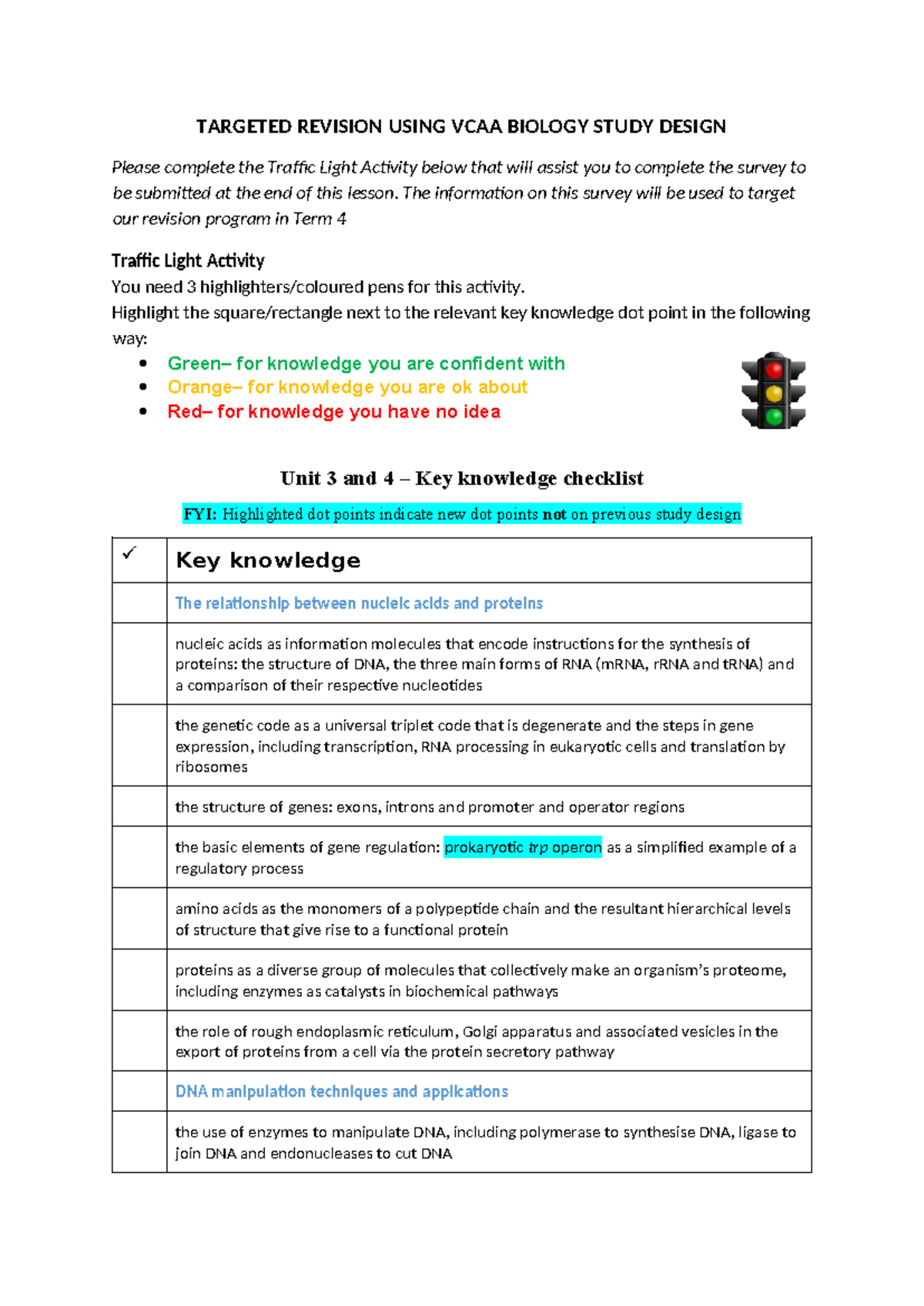 Targeted Revision: VCAA Biology Unit 3 & 4 Traffic Light Activity - Studocu
