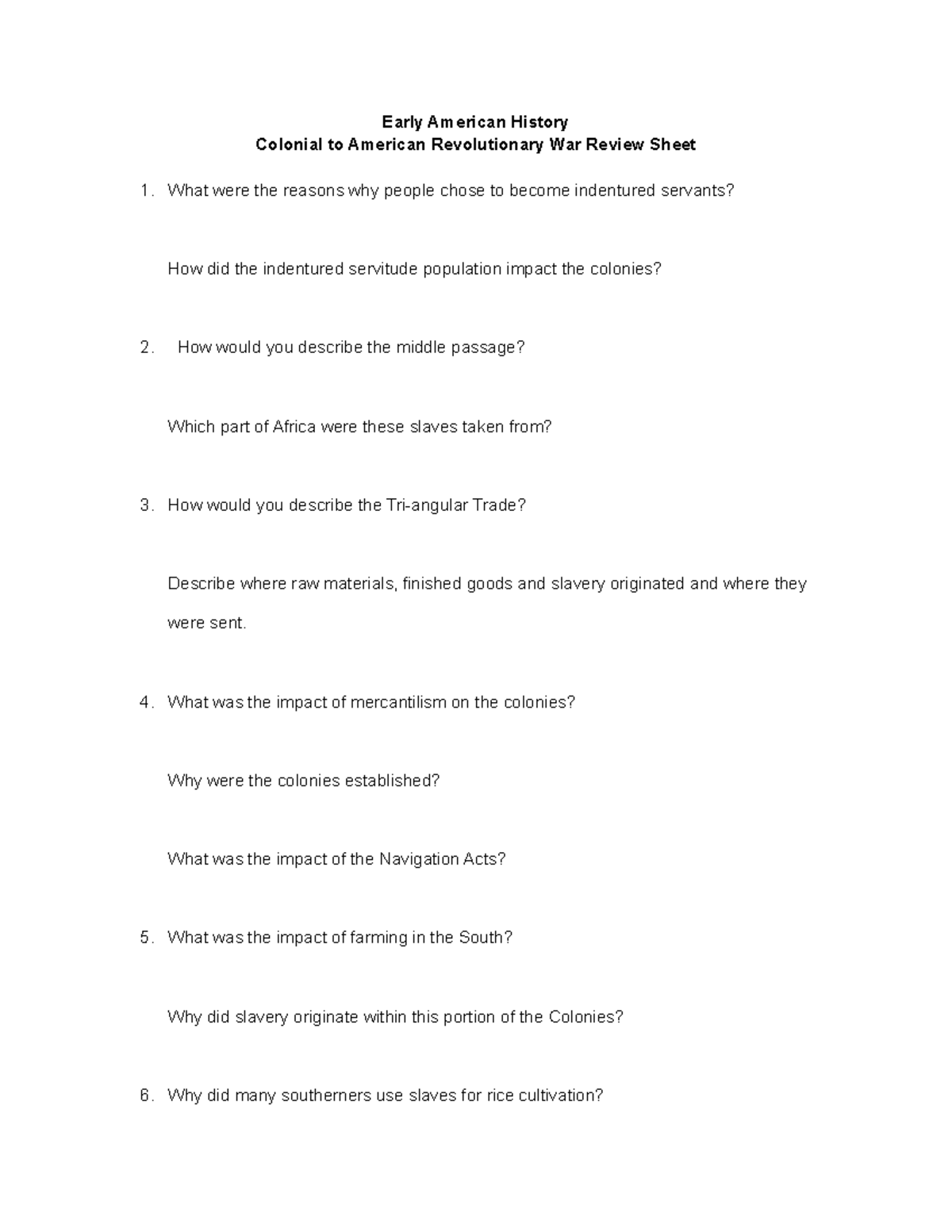 Early American History Review Sheet - Colonial to American ...