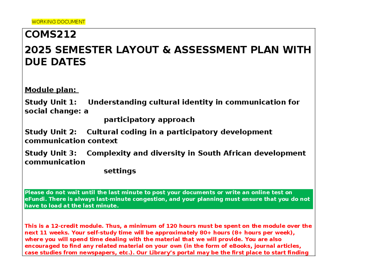 COMS212 2025 Semester Assessment Plan & Due Dates Overview - Studocu