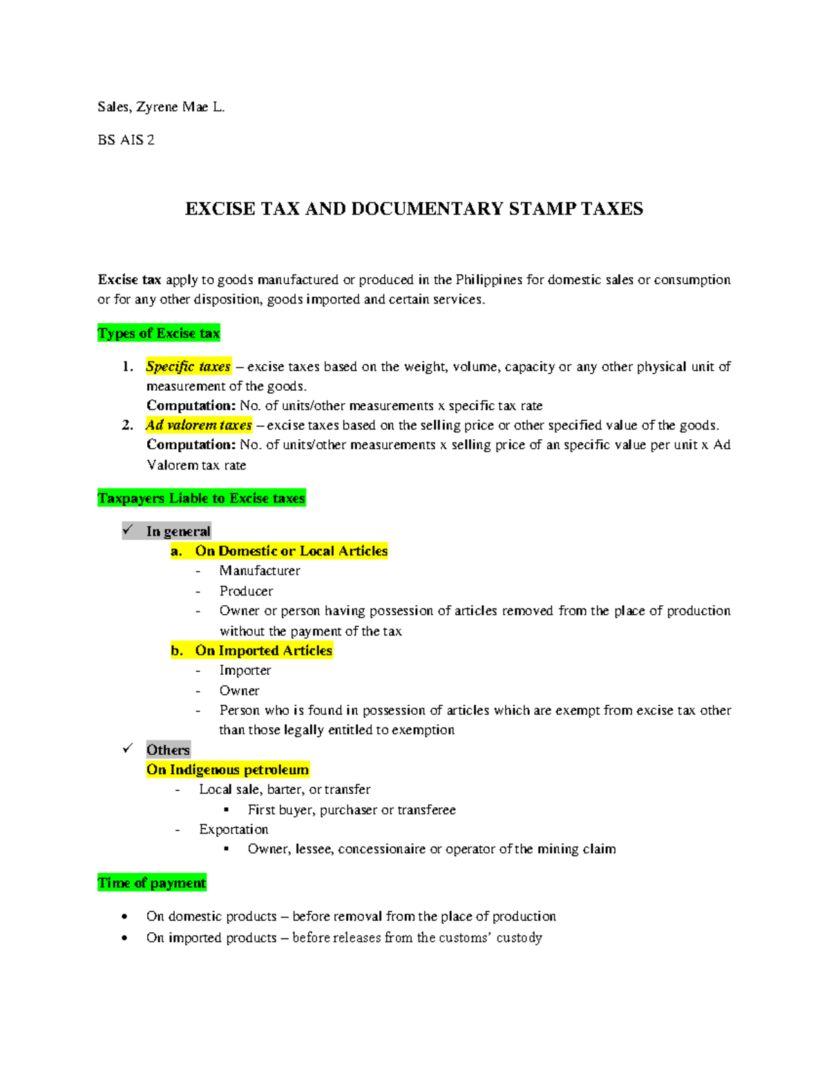 BS AIS 2: Excise Tax & Documentary Stamp Tax Overview - Studocu