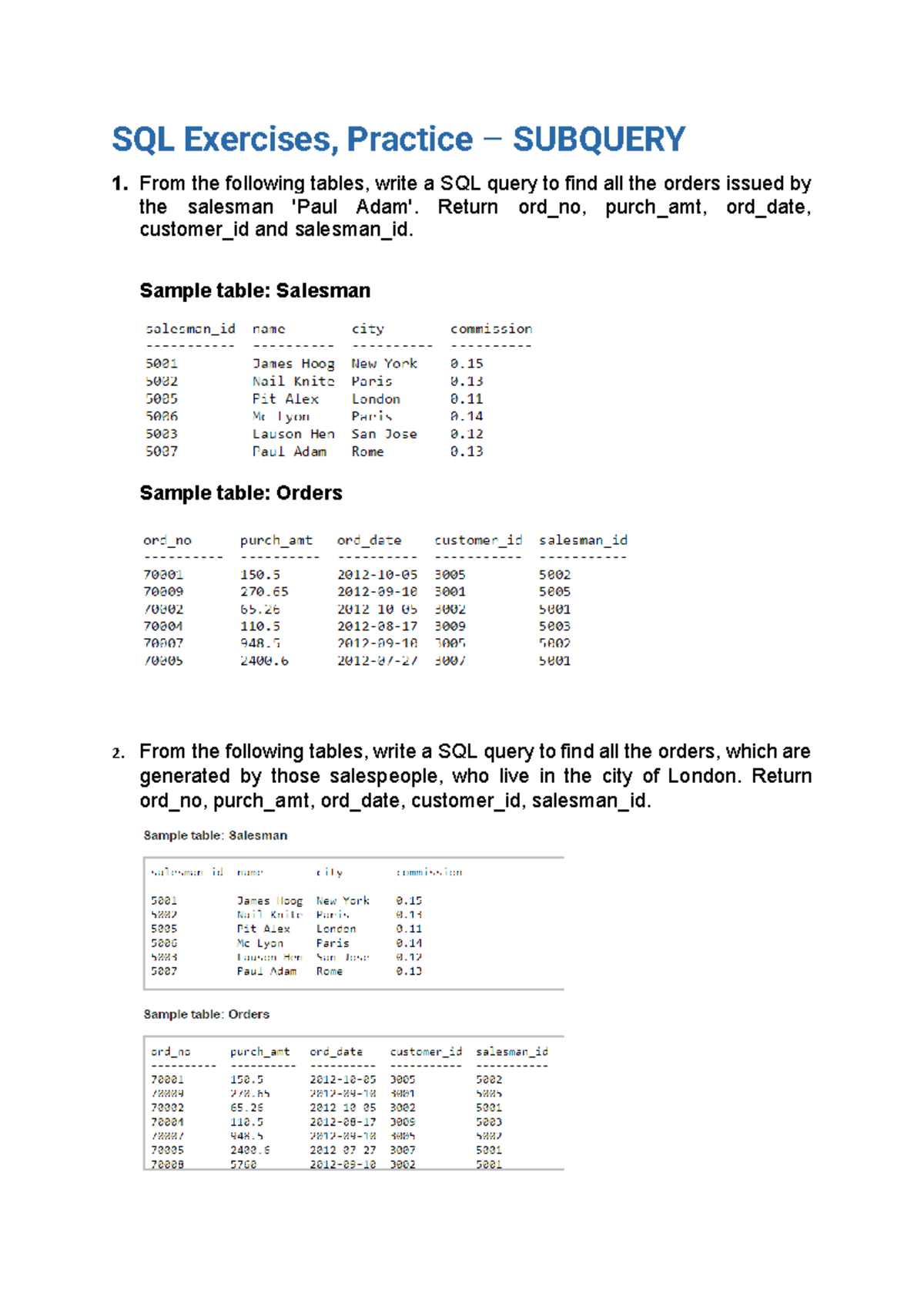 SQL Exercises: Advanced Queries and Subqueries - Studocu