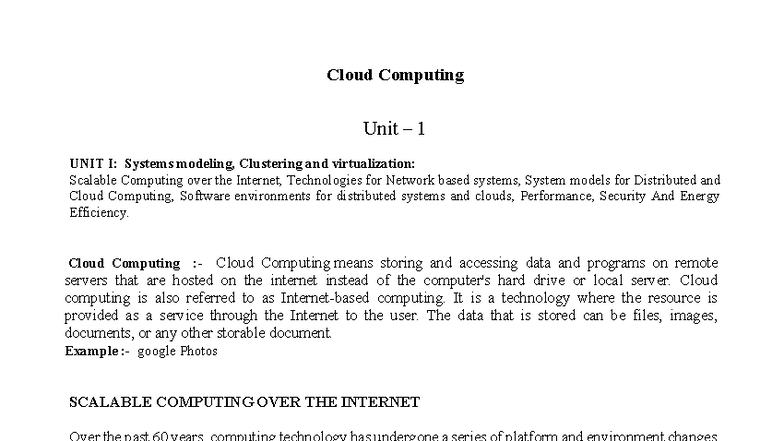 CC UNIT-I - .... - Cloud Computing Unit – 1 UNIT I: Systems modeling ...