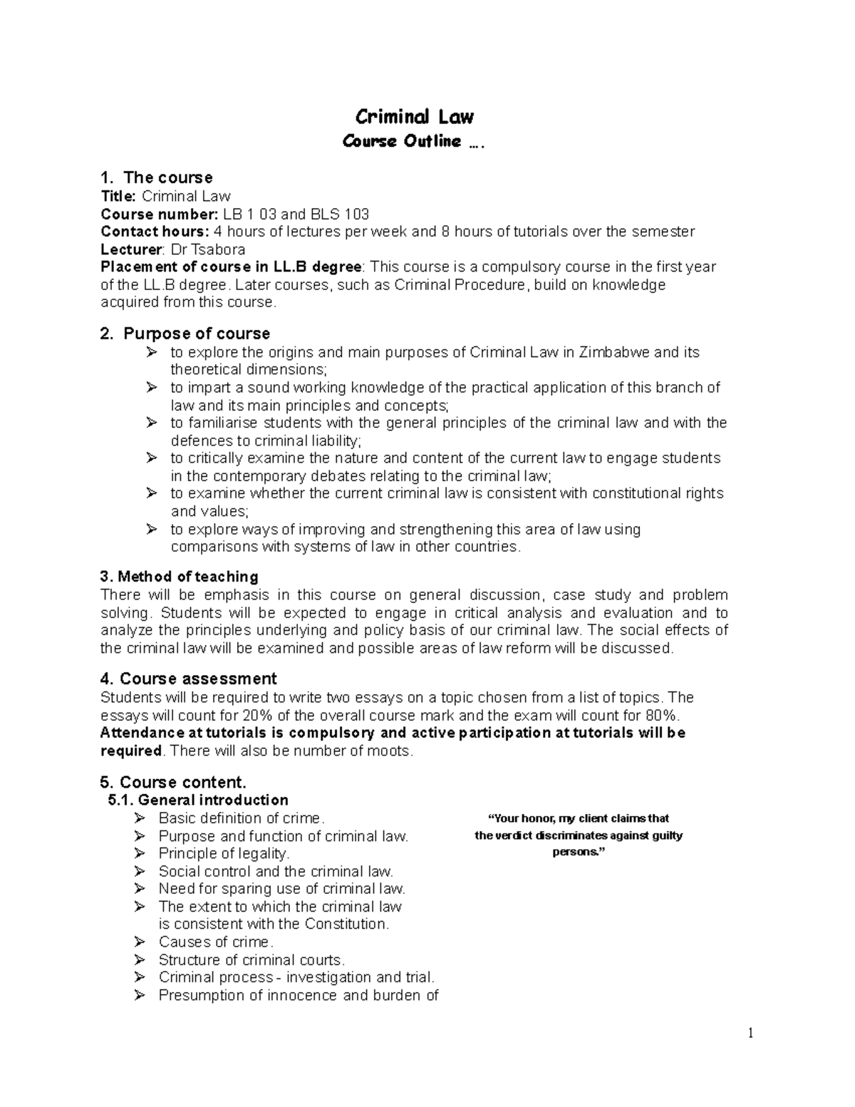 Criminal Law Course Outline (LB 103 & BLS 103) - Key Concepts ...