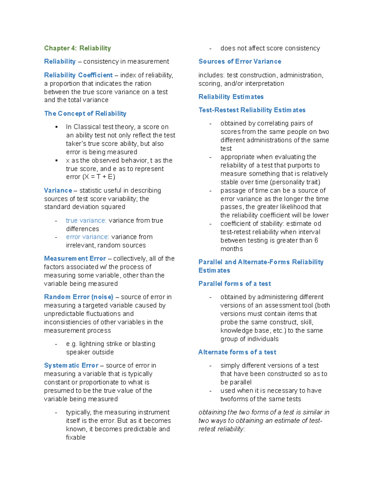 Chapter 4: Reliability in Measurement - Sources of Error & Estimates ...