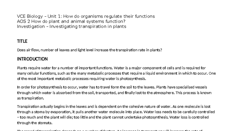 VCE Biology Unit 1: Investigation of Transpiration Factors in Plants ...