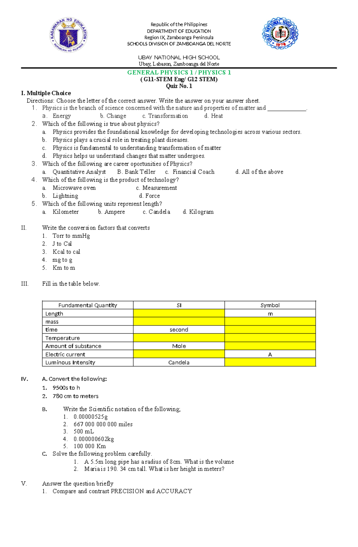 PHYSICS 1 (G12 STEM) Quiz No. 1 - General Physics Concepts - Studocu