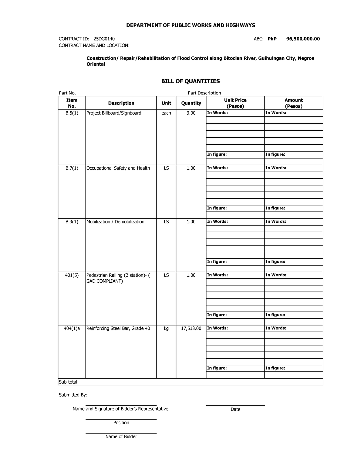 Bill of Quantities for Flood Control Project 25DG0140 - Studocu