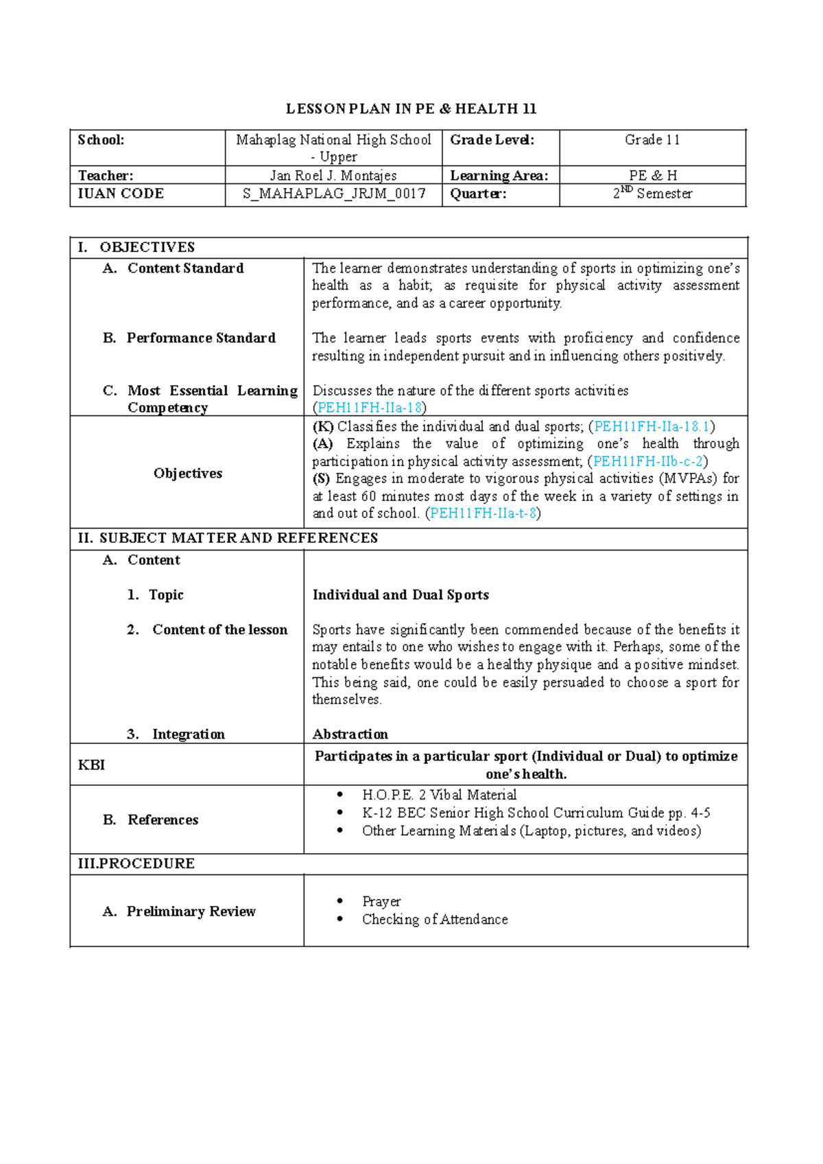 PE&H 11 Lesson Plan: Individual & Dual Sports for Senior High School ...