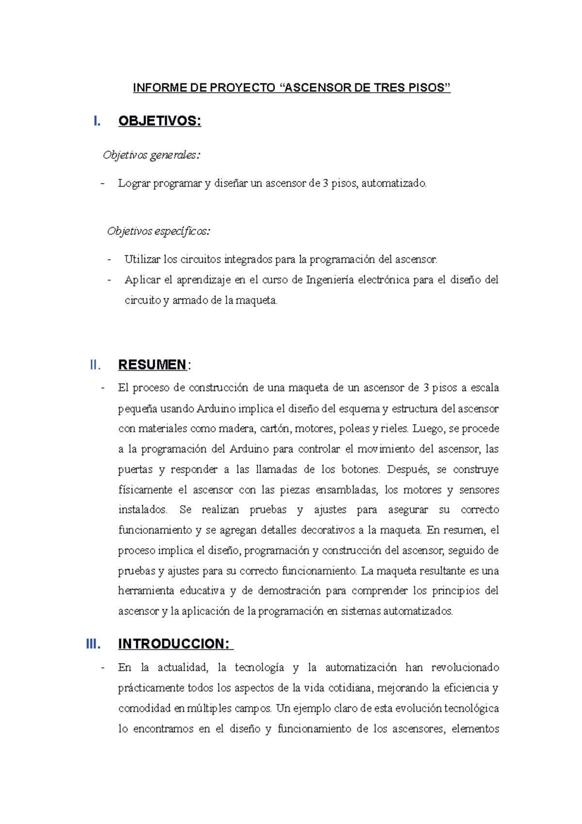Informe de Proyecto: Ascensor Automatizado de 3 Pisos en Arduino - Studocu