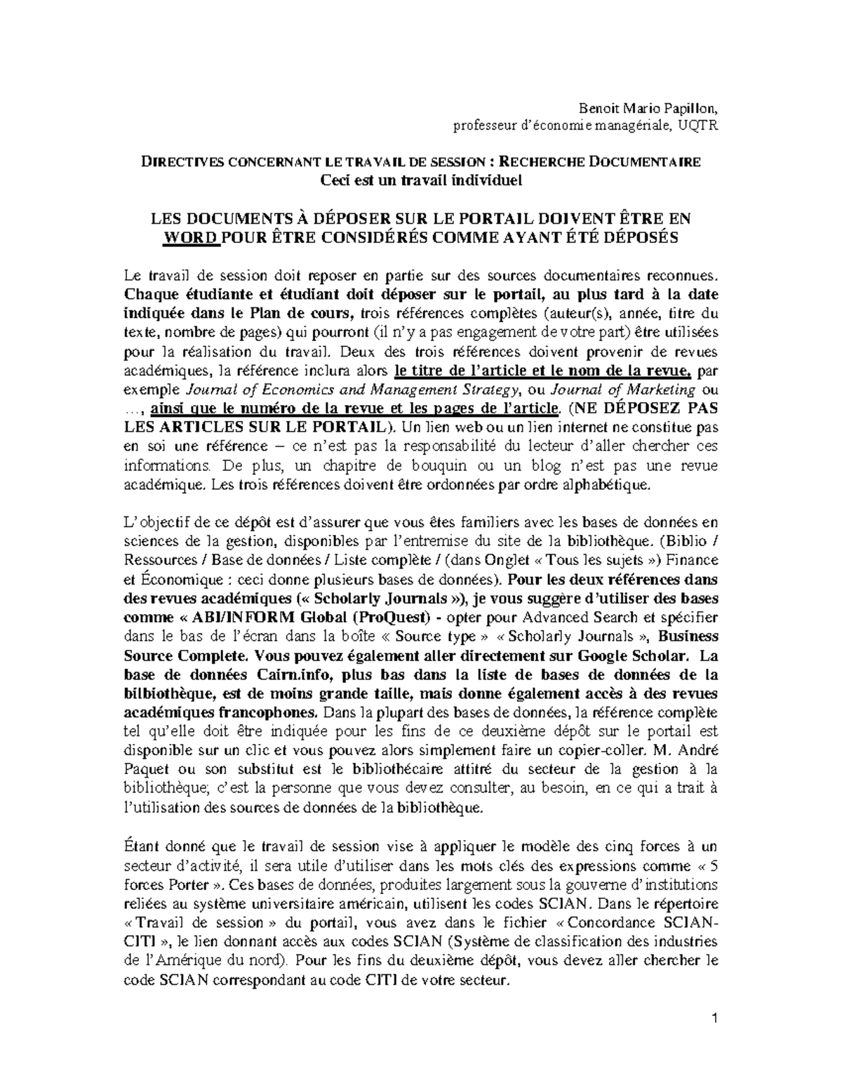 Directives - 2ième dépôt - 1 Benoit Mario Papillon, professeur d ...