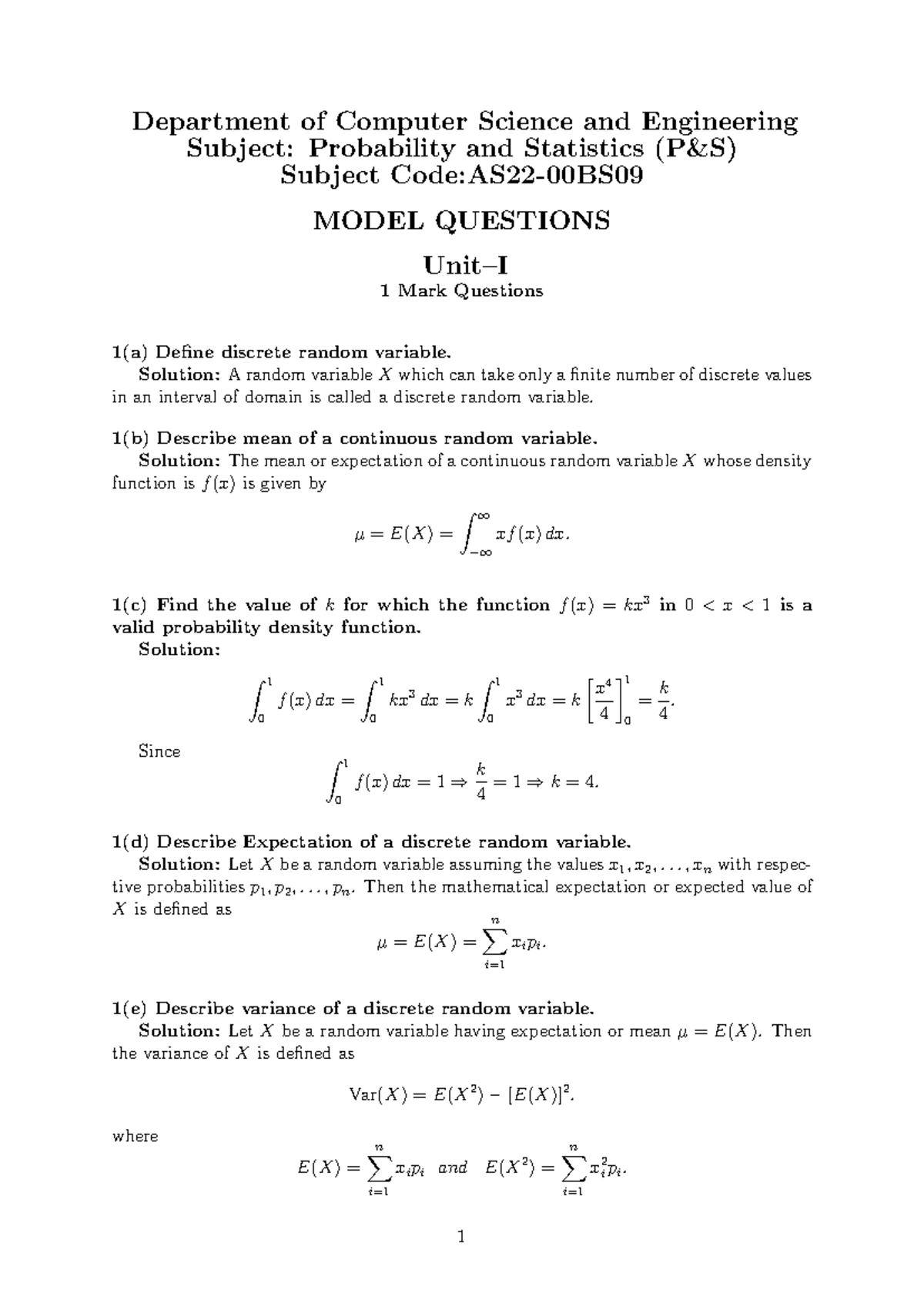 Unit-I Probability and Statistics Model Questions QB Solutions - Studocu