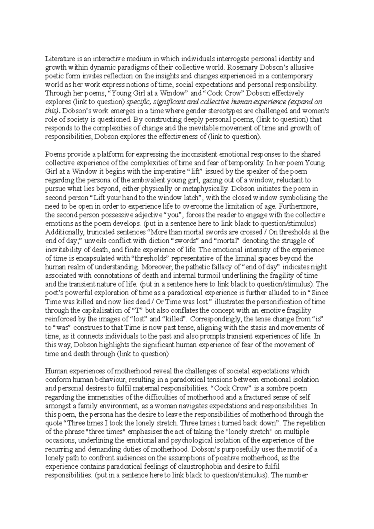 Rosemary Dobson's Essay on Human Experiences - Common Module Analysis ...