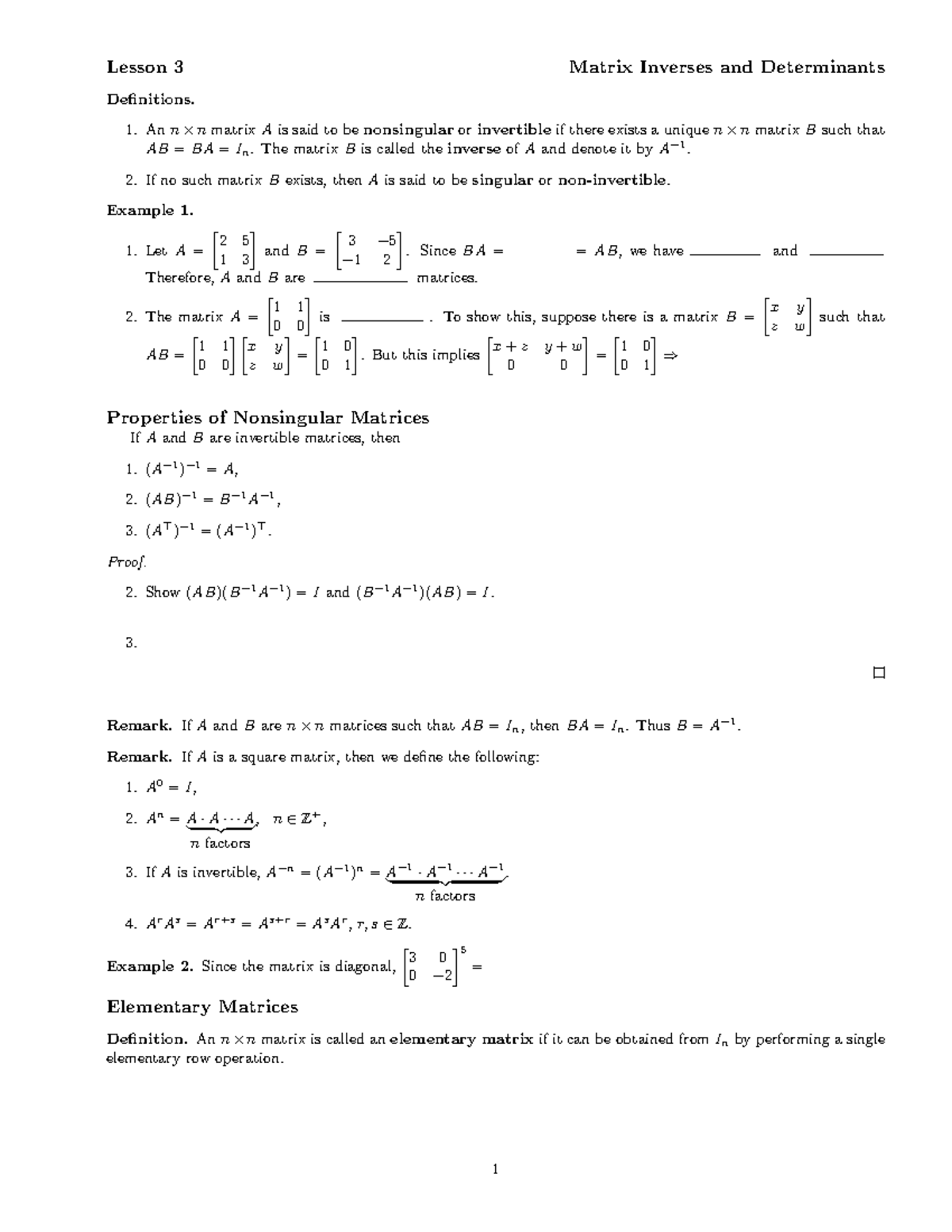 Lesson 3: Matrix Inverses & Determinants - Definitions & Examples - Studocu