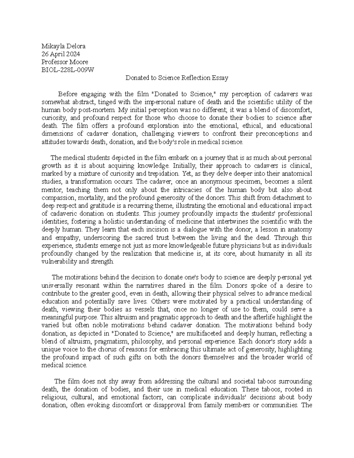 Reflection Essay on Donated to Science - Prof. Moore (Course Code ...