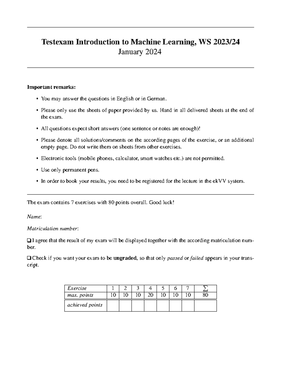 Final Exam - Introduction to Machine Learning, WS 2023 - Studocu