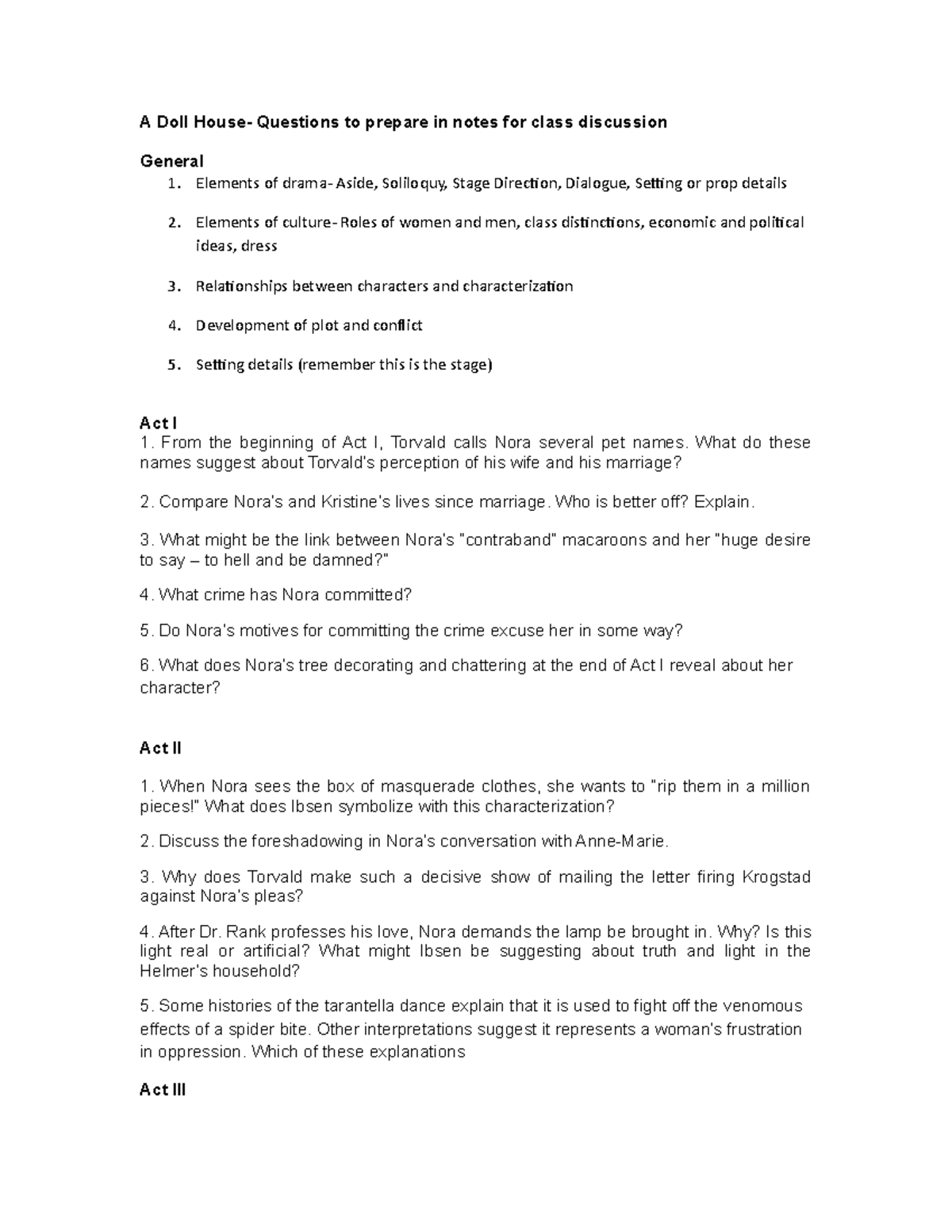 A Doll House (ENG 101) Class Discussion Questions & Notes - Studocu