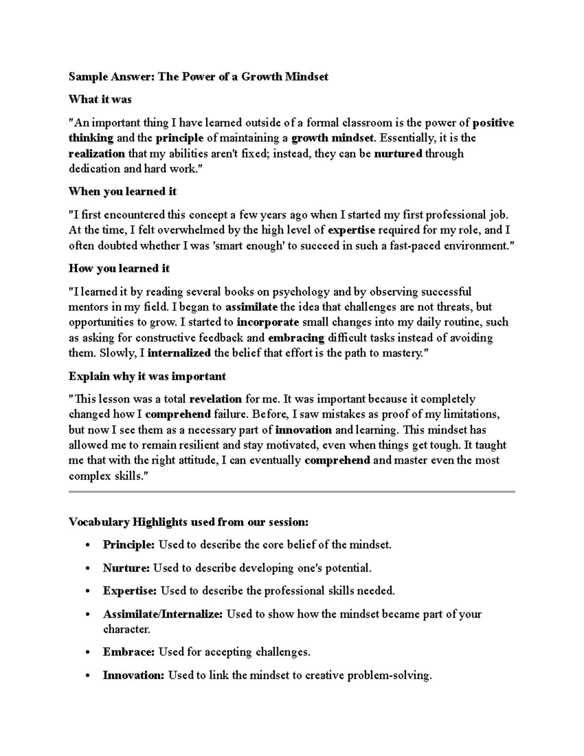 IELTS Speaking Sample Task 2: Embracing a Growth Mindset - Studocu