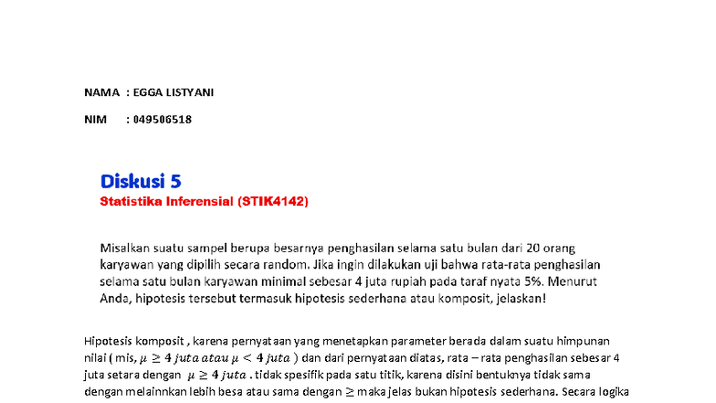 Diskusi 5: Hipotesis Komposit dalam Statistika Inferensial (EGGA) - Studocu