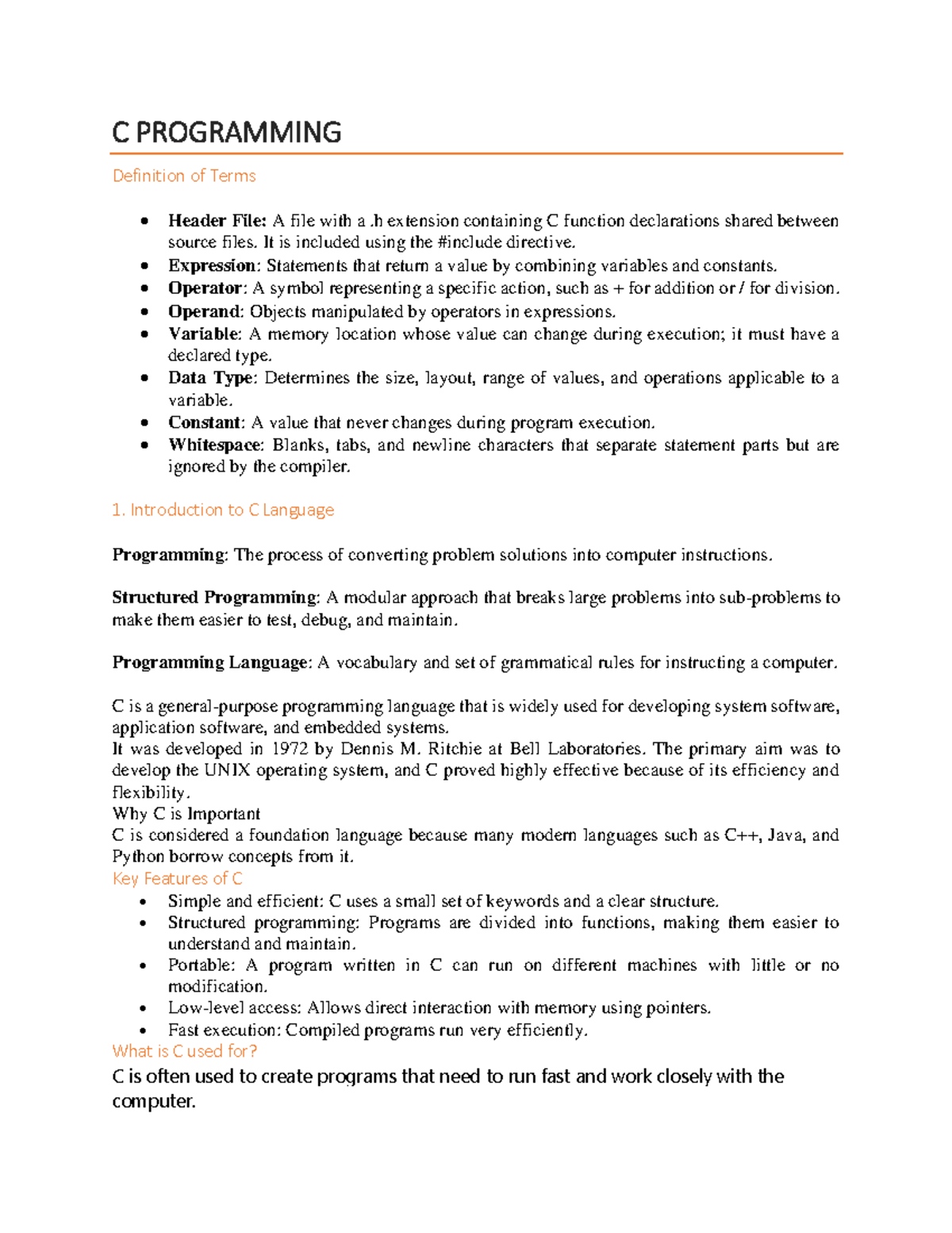 C PROGRAMMING: Key Concepts and Definitions for Beginners - Studocu