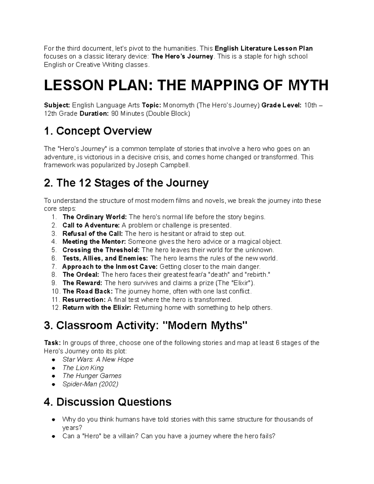 English Literature Lesson Plan: The Journey (10th-12th Grade) - Studocu