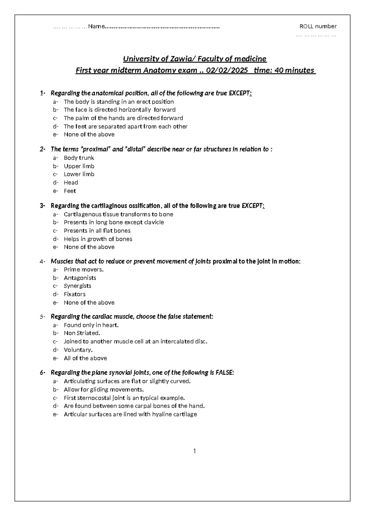 Medterm 2025 - First year midterm anatomy exam MCQs - Studocu