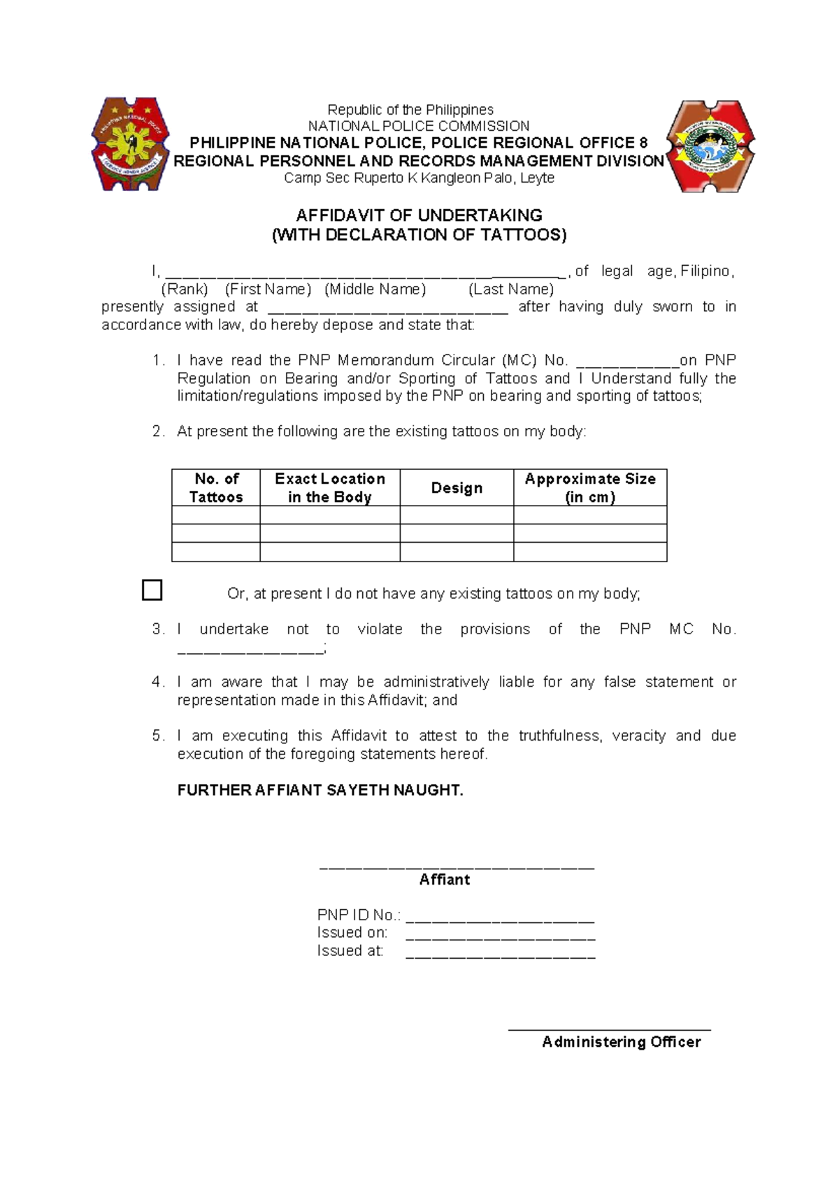 Affidavit of Undertaking for PNP Tattoo Declaration - Studocu