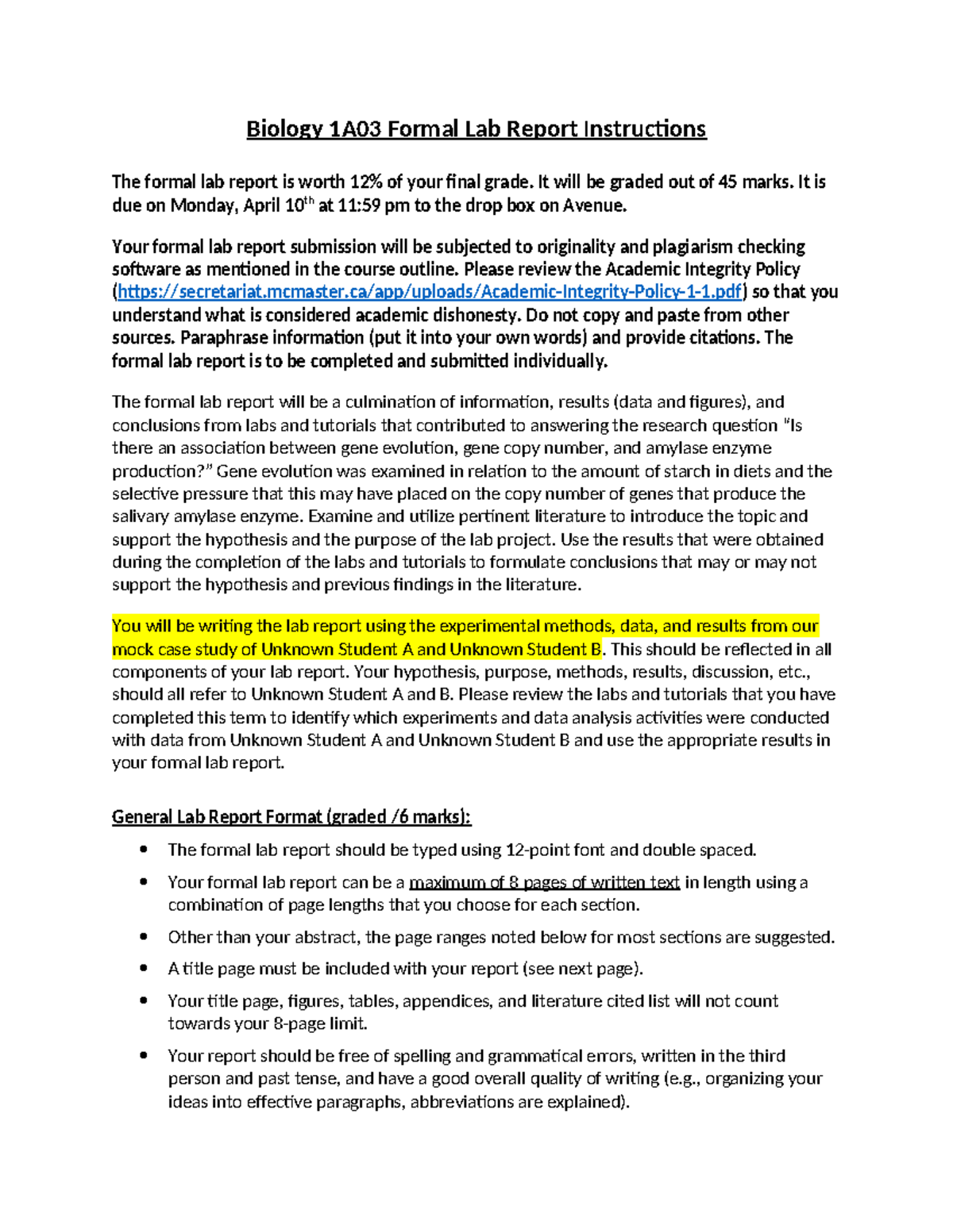 Bio1A03 Formal Lab Report Instructions W2023 - Biology 1A03 Formal Lab ...