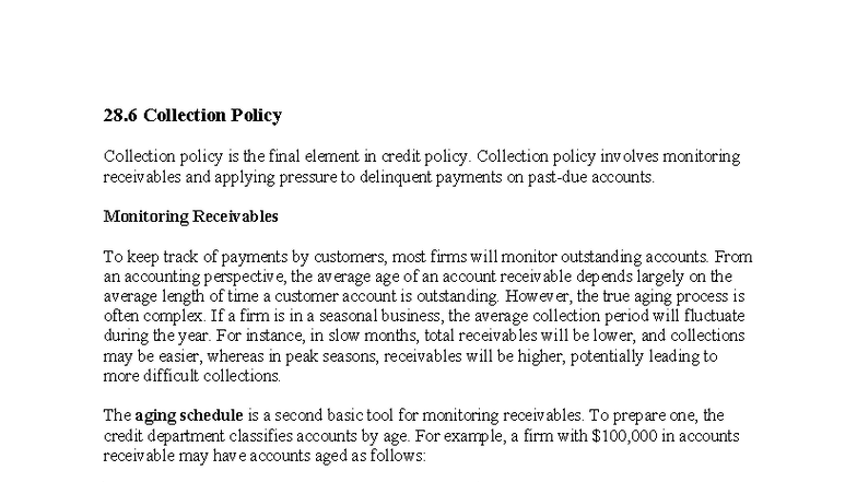 28.6 Collection Policy: Monitoring Receivables & Collection Efforts ...