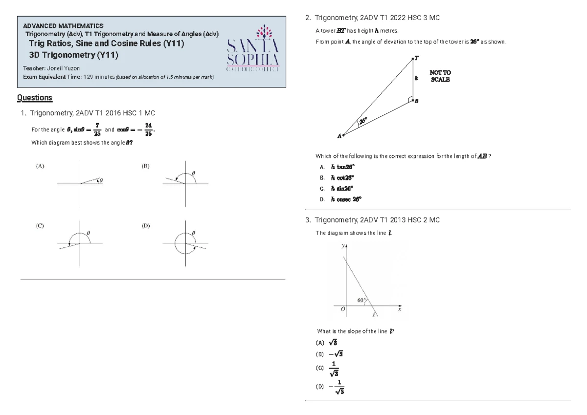 Trigonometry, 2ADV T1 Final Exam Review and Practice Questions - Studocu
