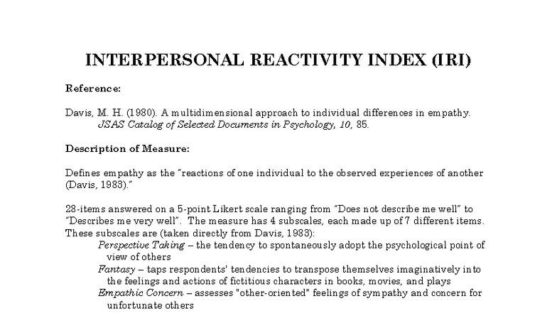 Interpersonal Reactivity Index (IRI) Overview and Scales - Studeersnel