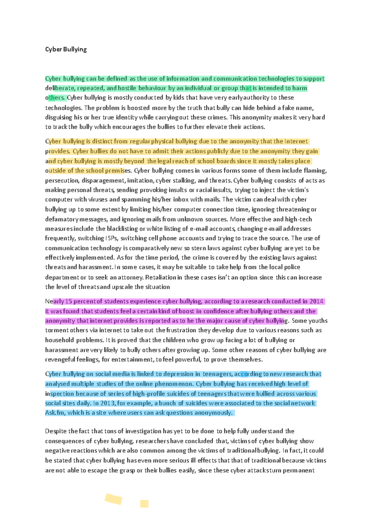 Argumentative essay Cyber Bullying - Cyber Bullying Cyber bullying can ...