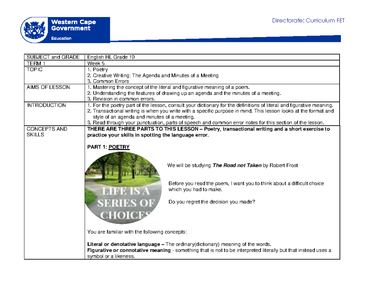 English HL Grade 10 Term 1 Week 5: Poetry & Writing Skills - Studocu