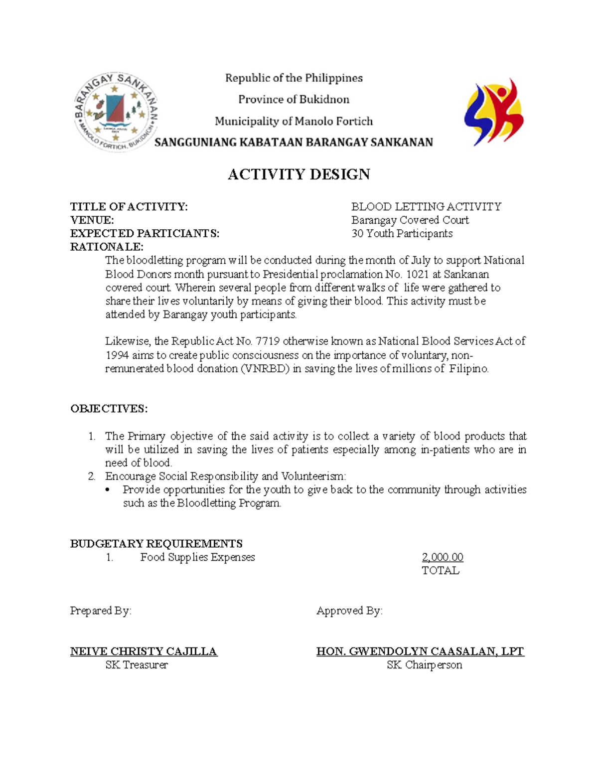 Activity Design: Blood Letting for Youth Participation - Studocu