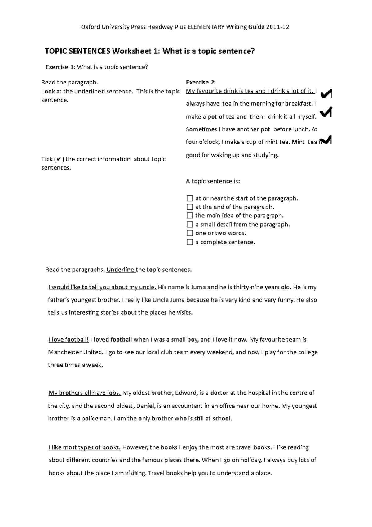 Topic Sentence Practice - Oxford University Press Headway Plus ...