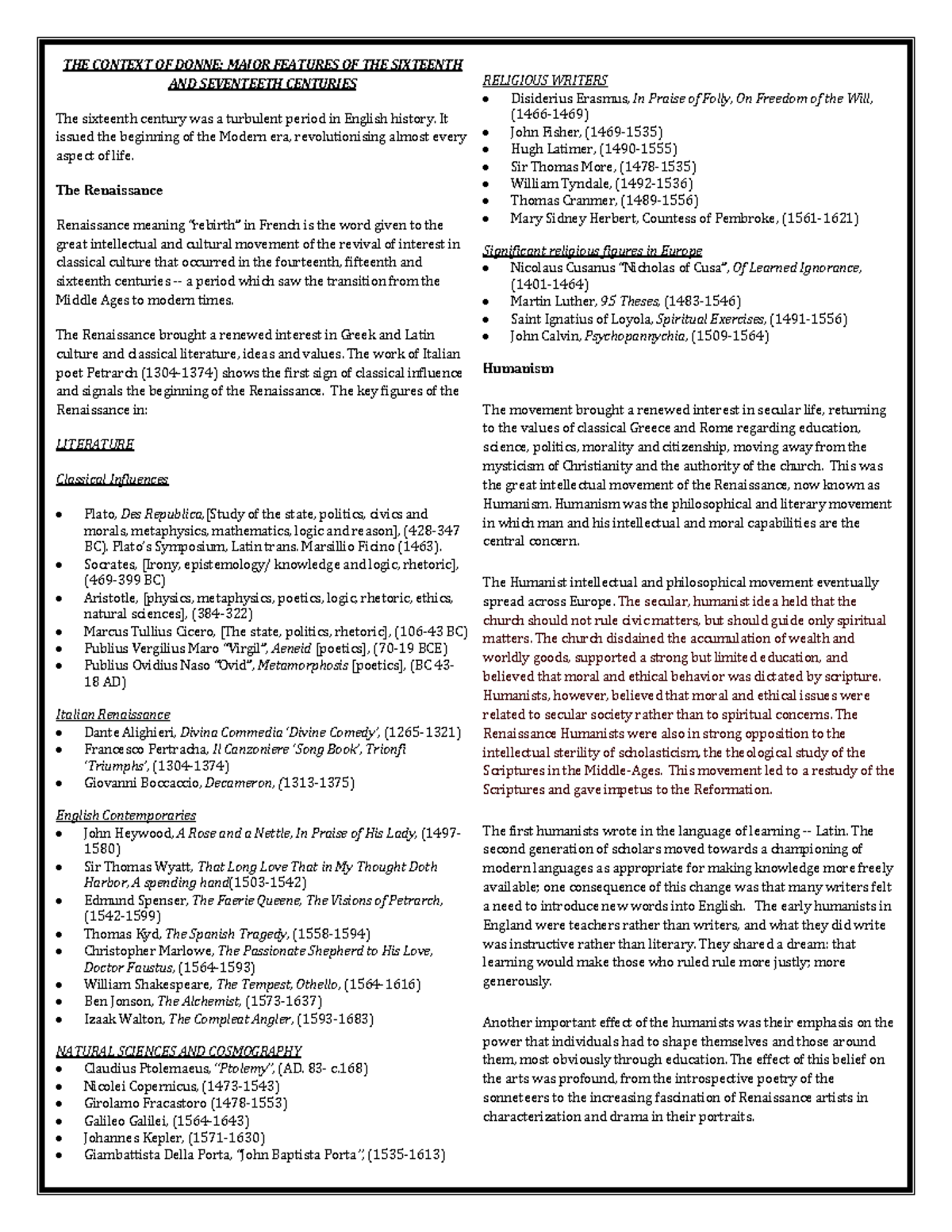 The Context of Donne: Renaissance Influences in 16th-17th Centuries ...