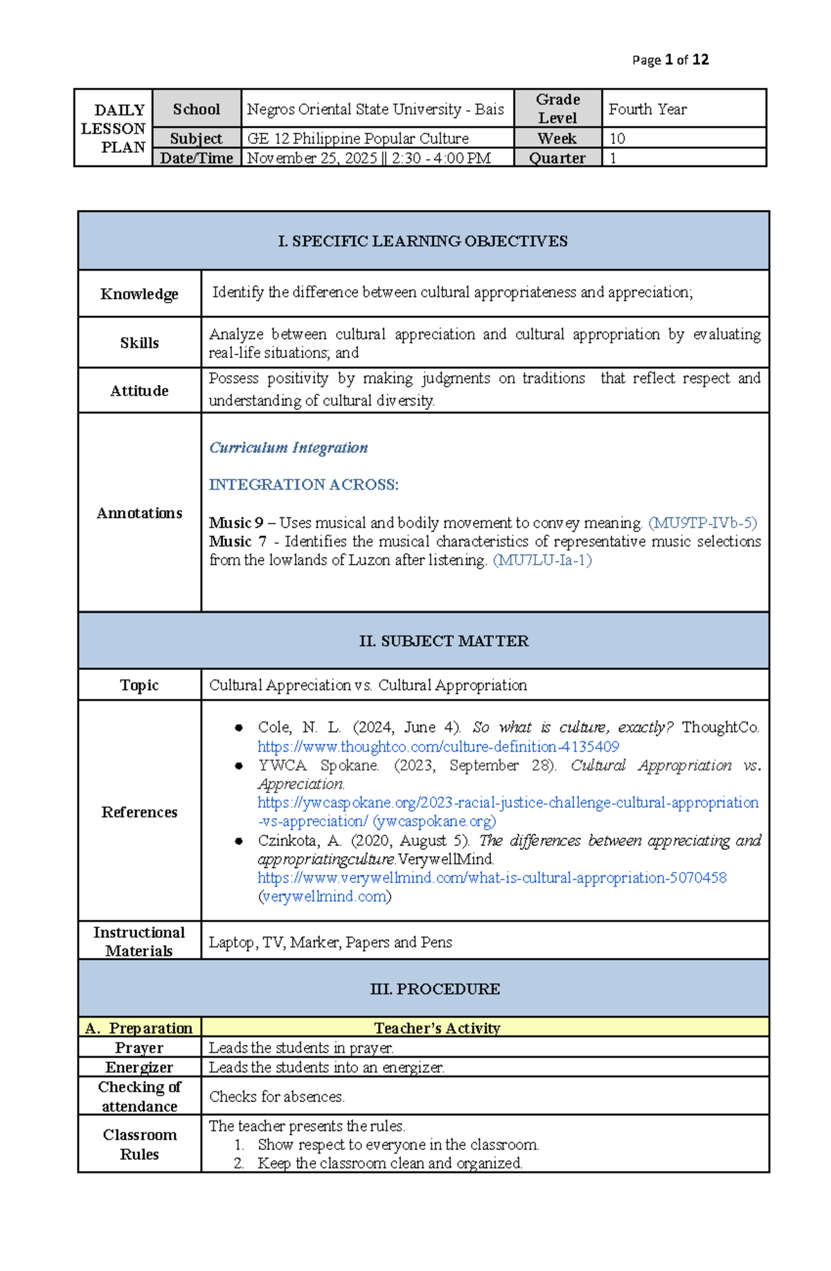 Daily Lesson Plan: Cultural Appreciation vs. Appropriation (GE 12 ...