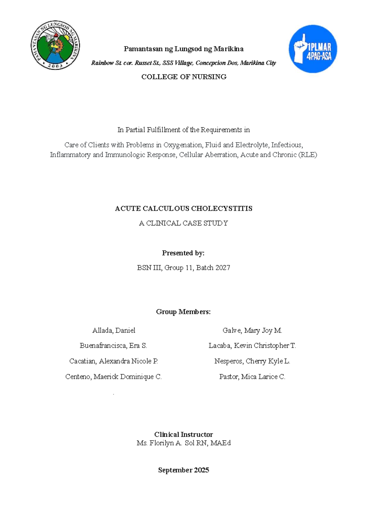 ACUTE CALCULOUS CHOLECYSTITIS: A CLINICAL CASE STUDY (BSN 2027) - Studocu