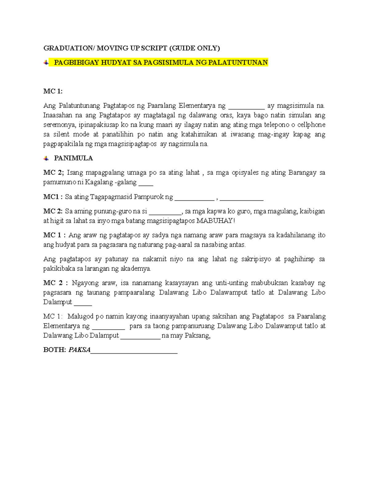 GRAD 2023 - Moving Up Ceremony Script for Elementary Graduation - Studocu