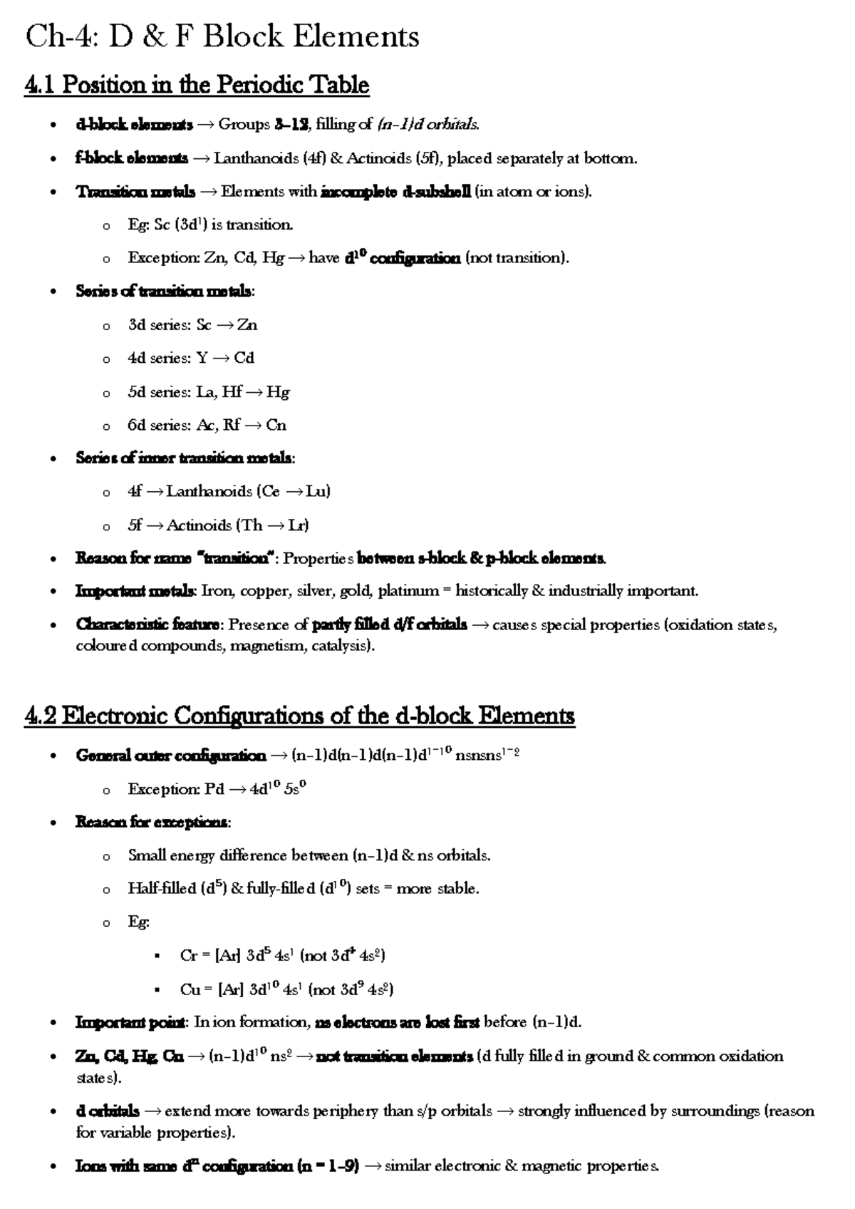 Chapter 4 - D Block Elements: Properties & Applications in NCERT - Studocu