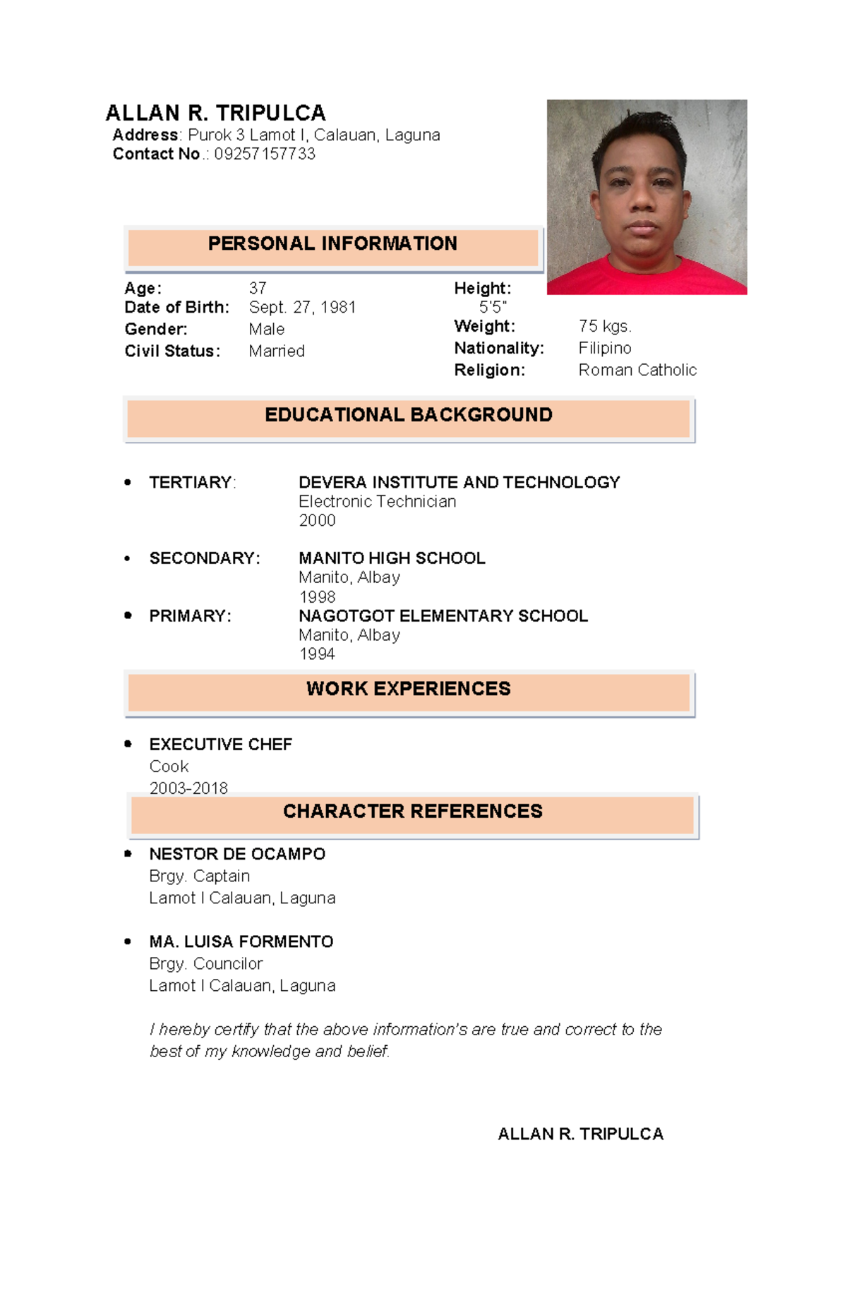 Final Resume of Allan R. Tripulca - Personal & Work Background - Studocu