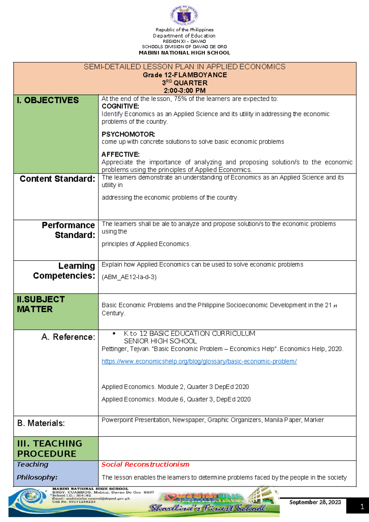 CO3 Applied Economics: Semi-Detailed Lesson Plan for Grade 12 - Studocu
