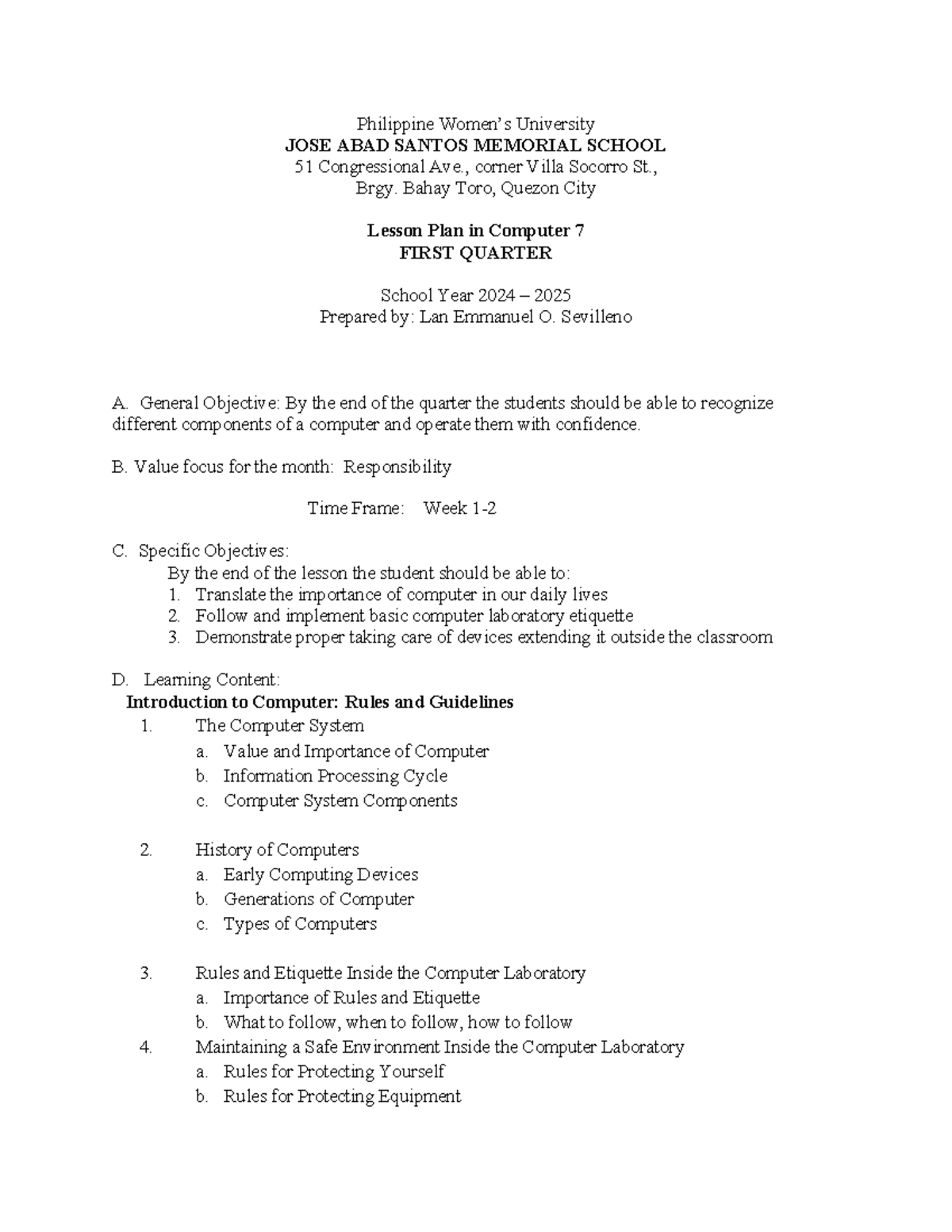 Grade 7 Computer - 1st Quarter Lesson Plan Overview - Studocu