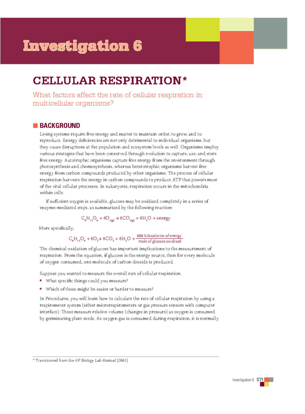 AP Biology Investigation 6: Measuring Cellular Respiration Rates - Studocu